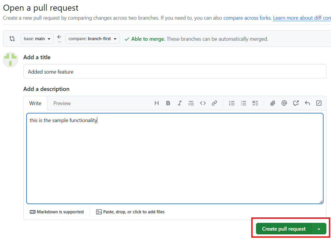 Creating the pull request in Git/Github