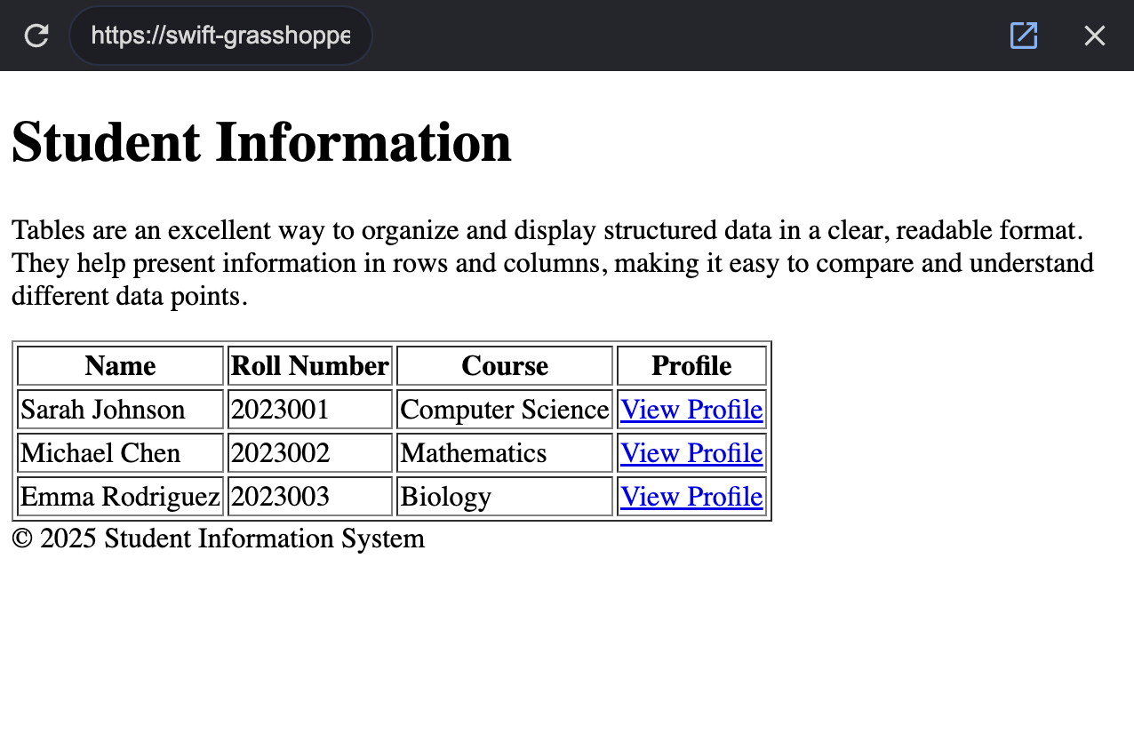 Task - Student Information Table in HTML