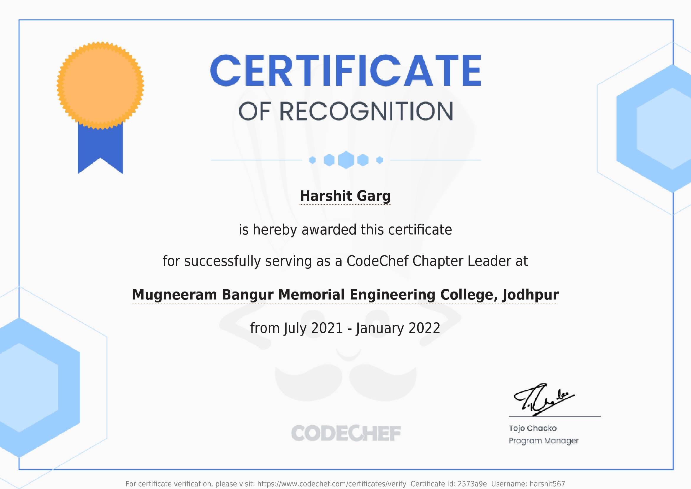 User Certificate | CodeChef