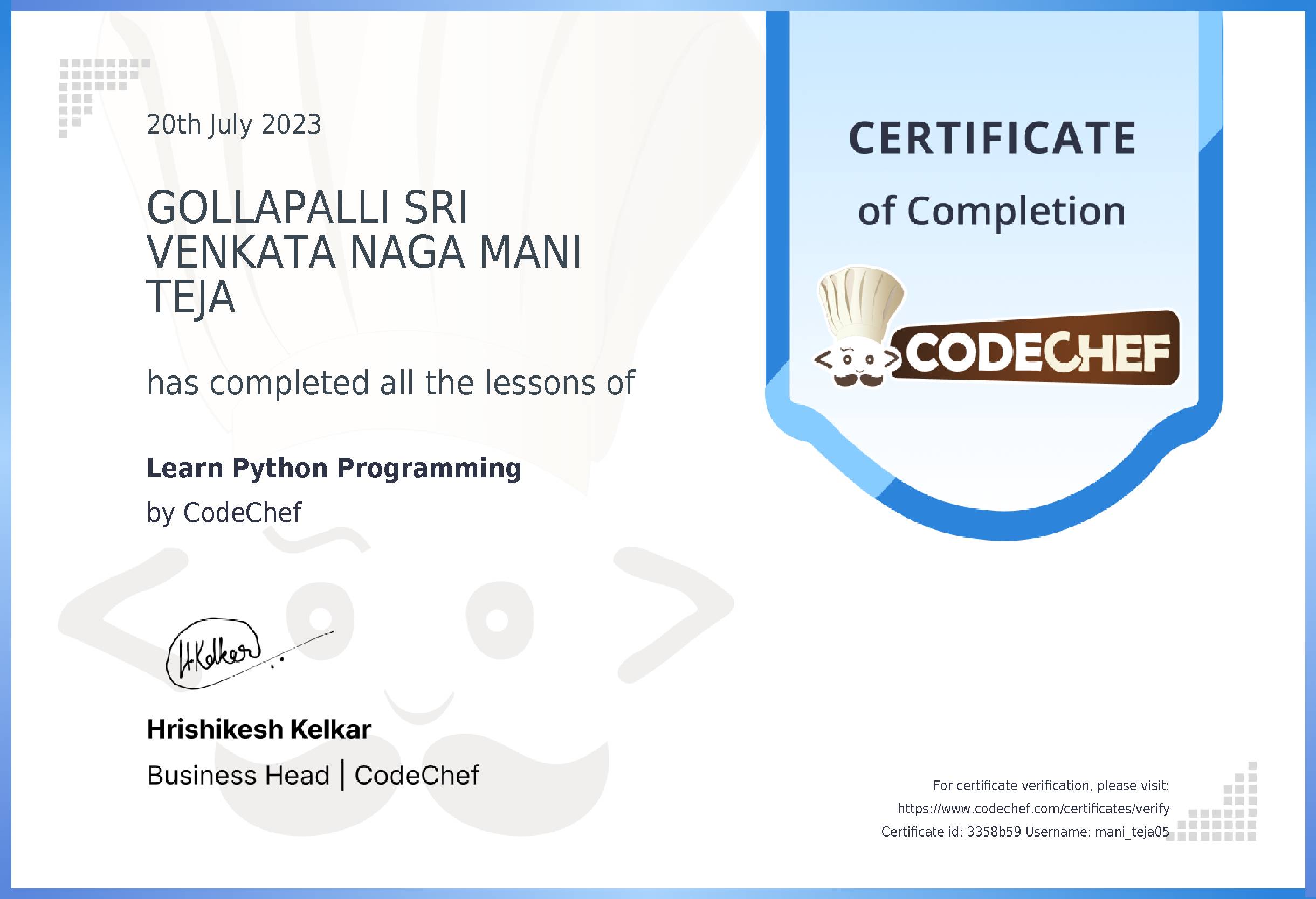 User Certificate | CodeChef