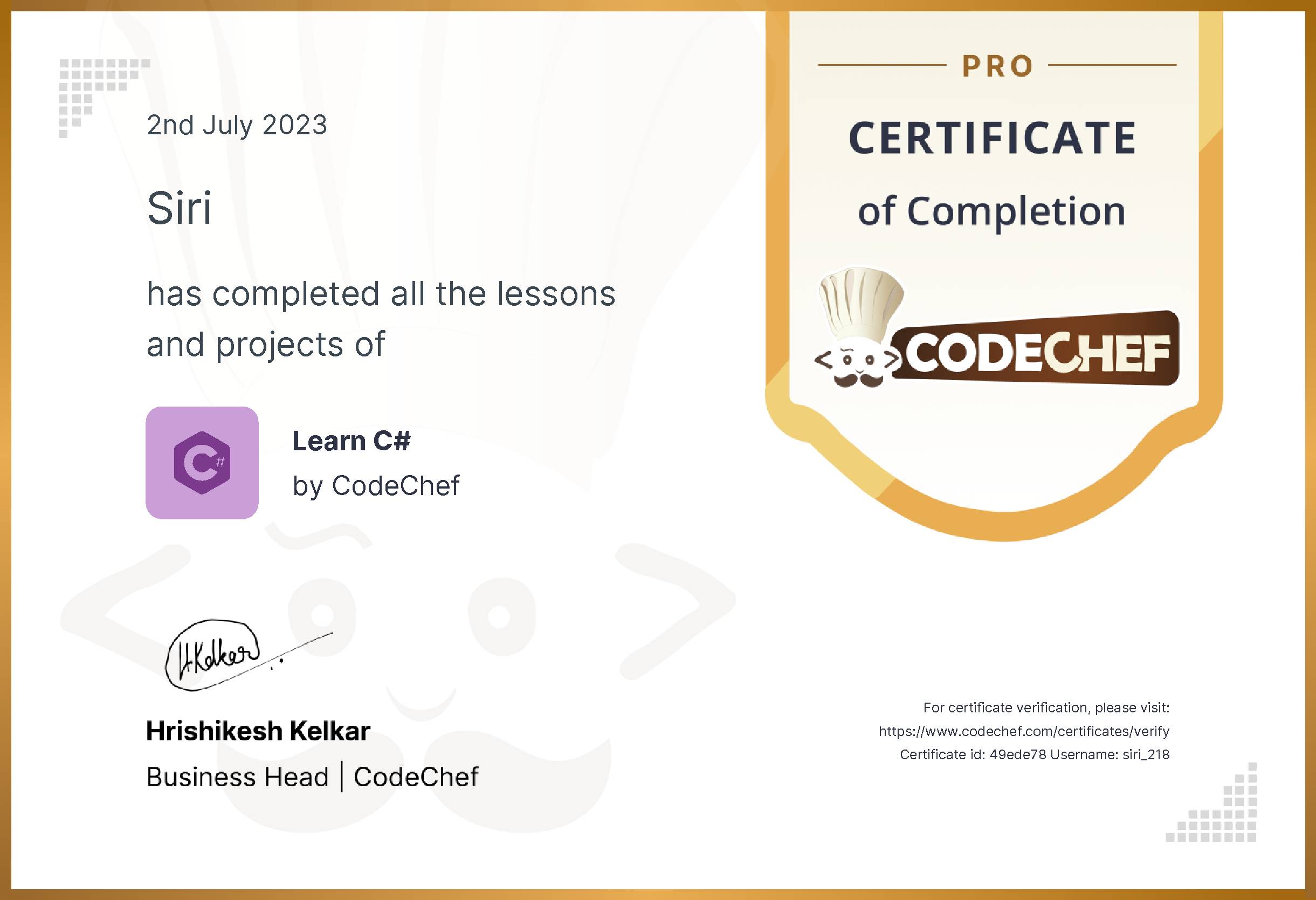 User Certificate | CodeChef