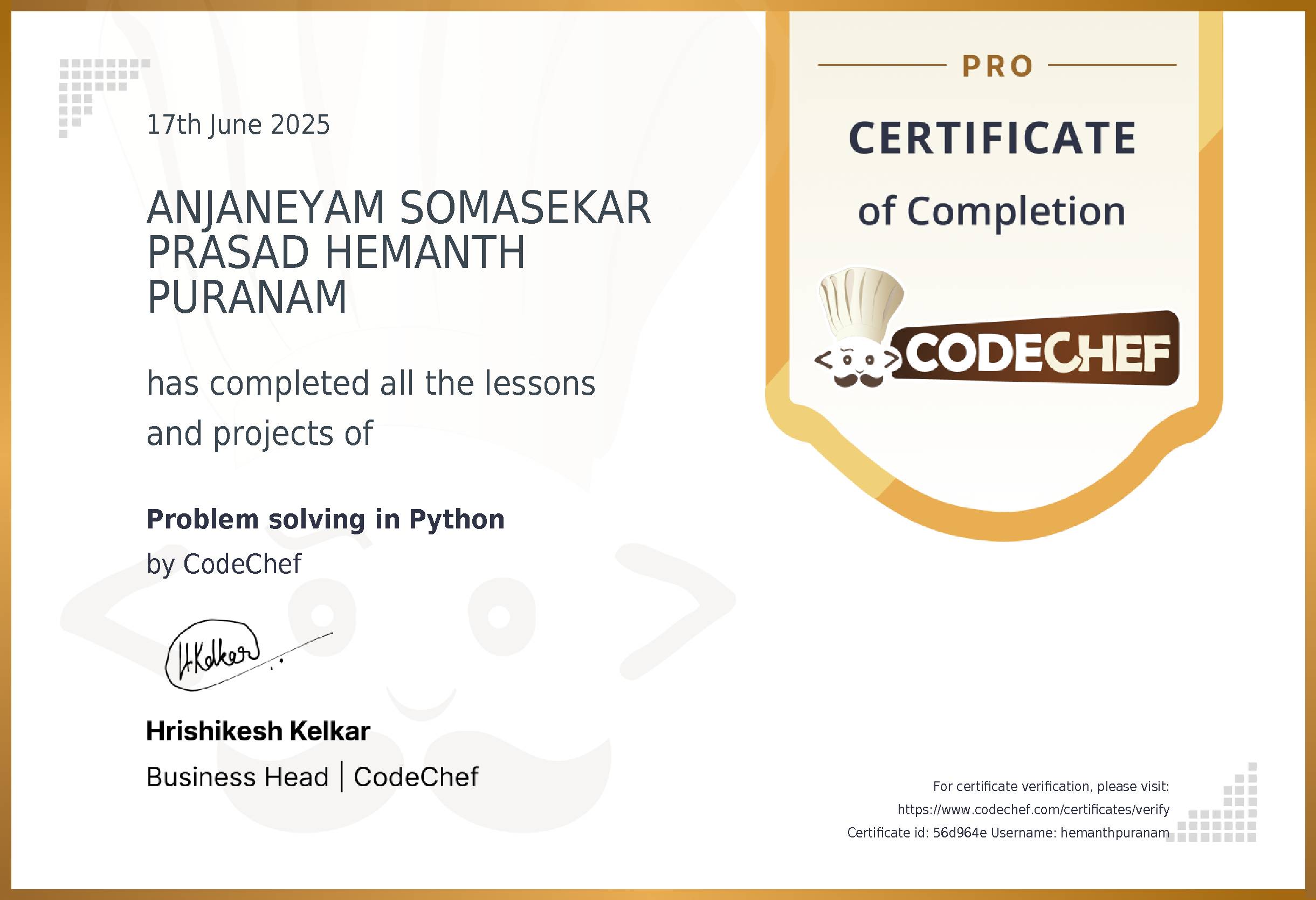 User Certificate | CodeChef