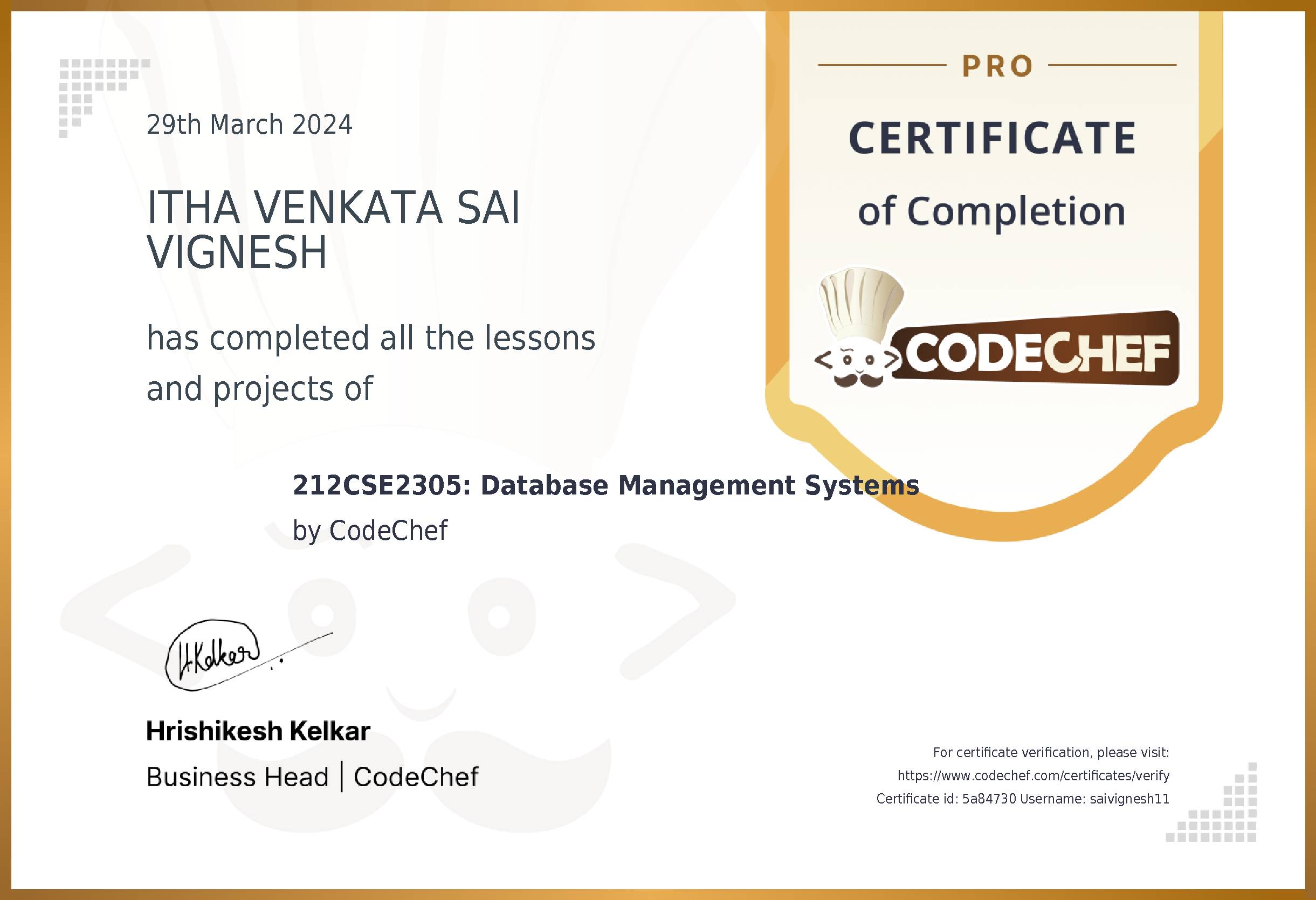 User Certificate | CodeChef