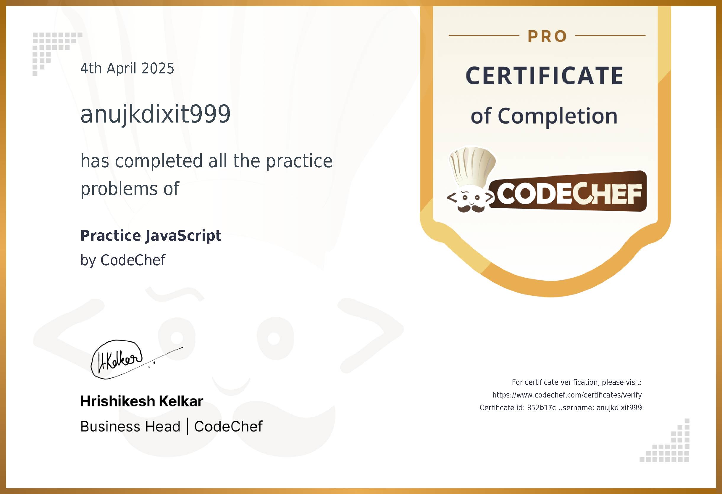 User Certificate | CodeChef