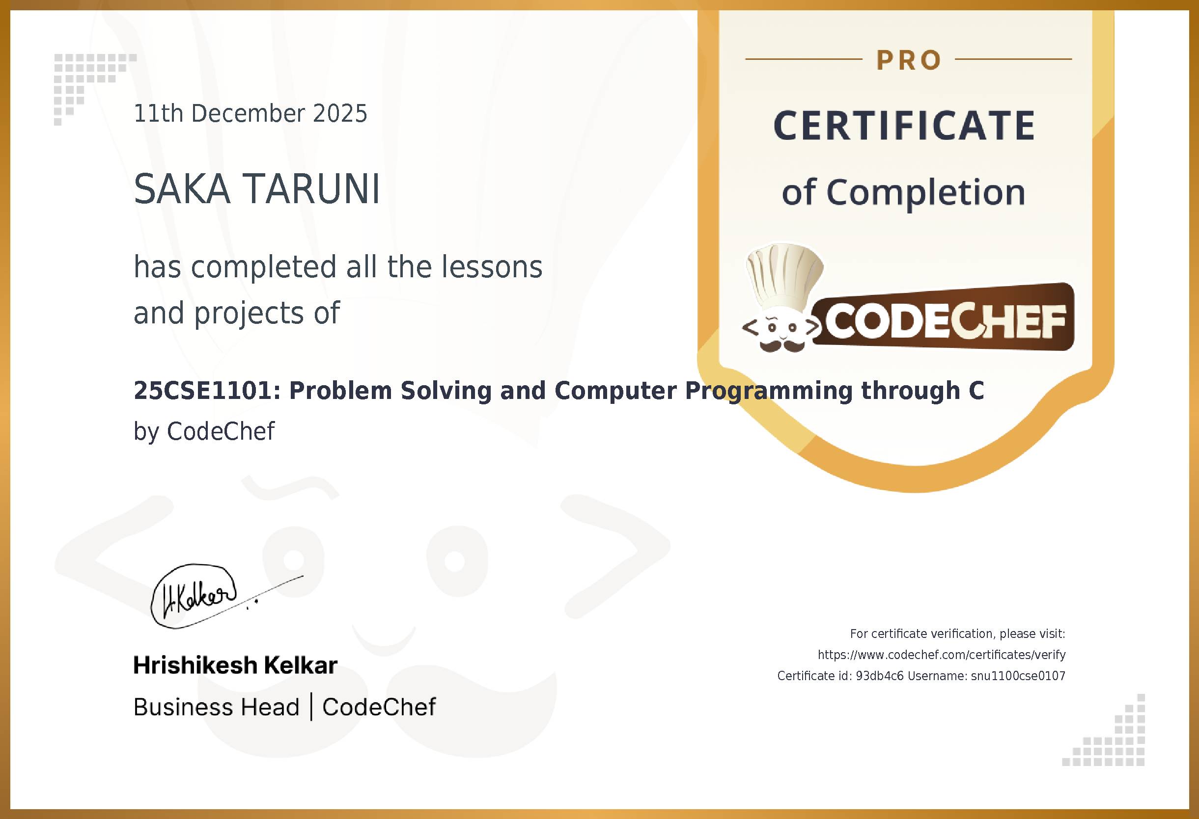 User Certificate | CodeChef