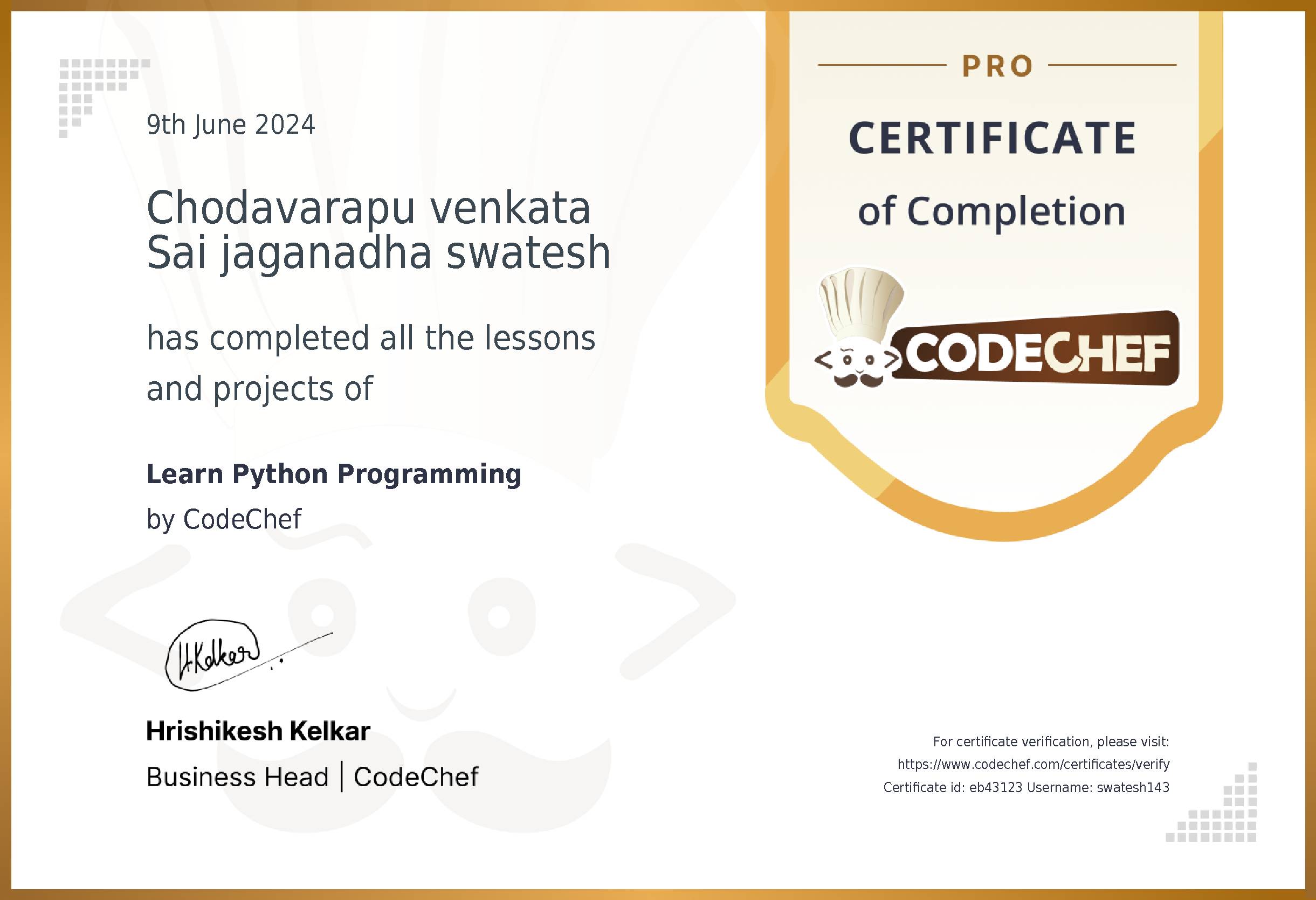 User Certificate | CodeChef